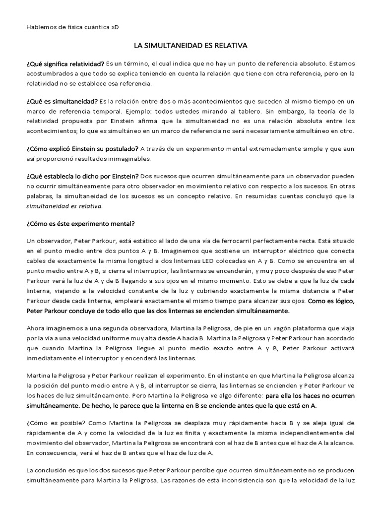 La Simultaneidad Es Relativa | PDF | Velocidad | Velocidad de la luz