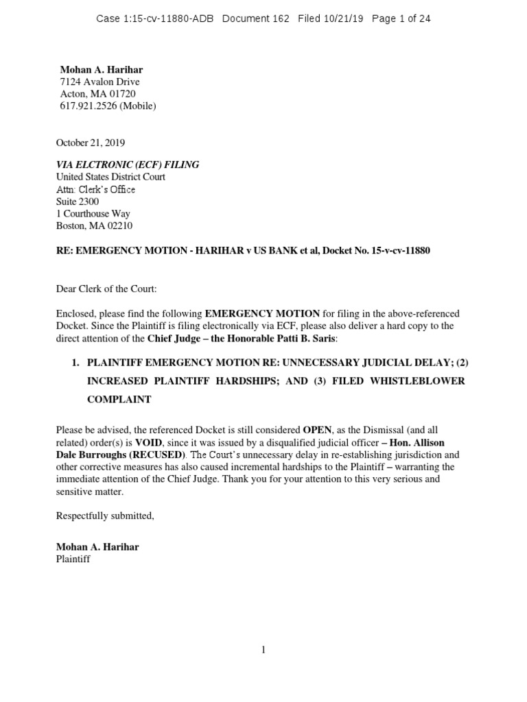 HARIHAR Files Emergency Motion For Injunction, While Also Informing The Court of Whistleblower ...