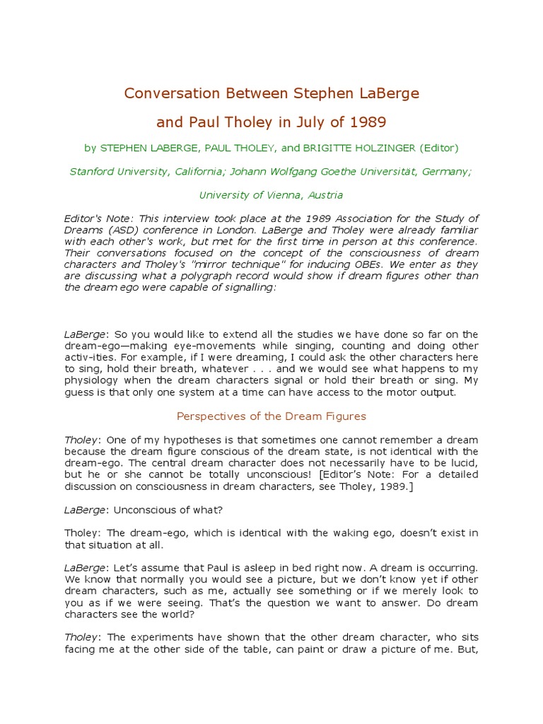 Conversation Between Stephen LaBerge and Paul Tholey in July 1989 | PDF ...