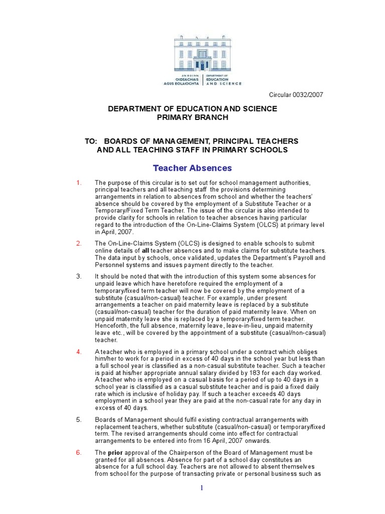 Teacher Absence Guidelines for Schools | PDF | Leave Of Absence ...