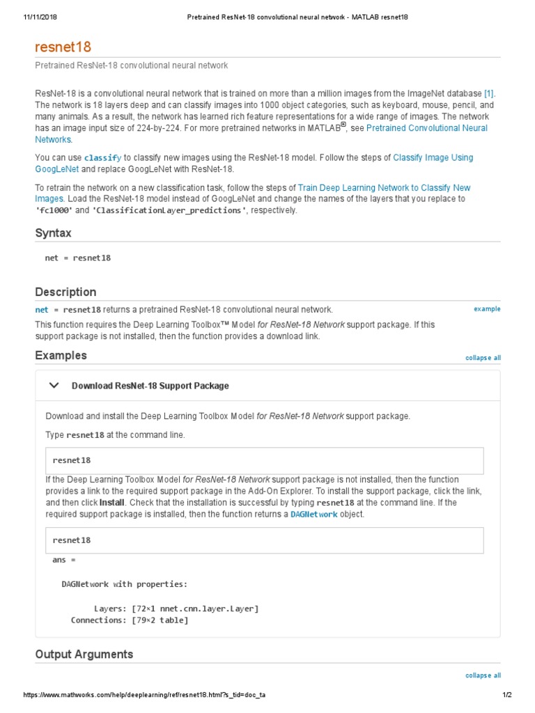 Pretrained ResNet-18 Convolutional Neural Network - MATLAB Resnet18 | PDF | Deep Learning ...
