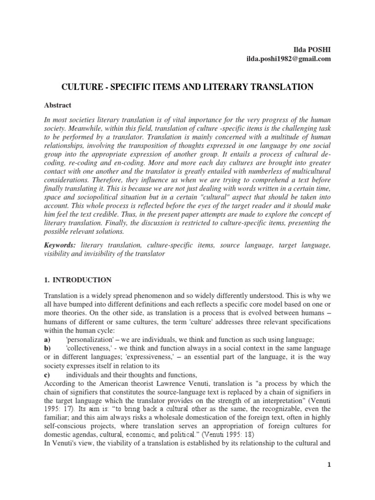 Culture - Specific Items and Literary Translation: Ilda Poshi | PDF ...