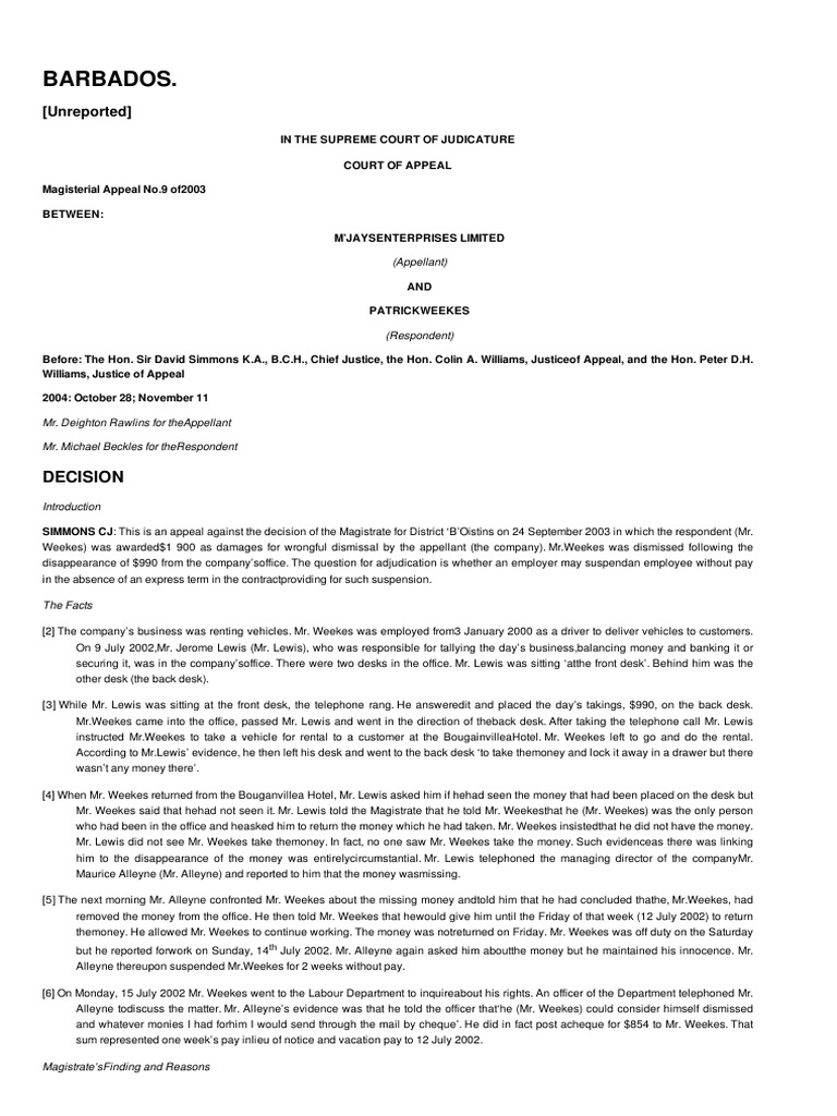 MJays Enterprises Limited V Weekes | PDF | Contractual Term | Employment