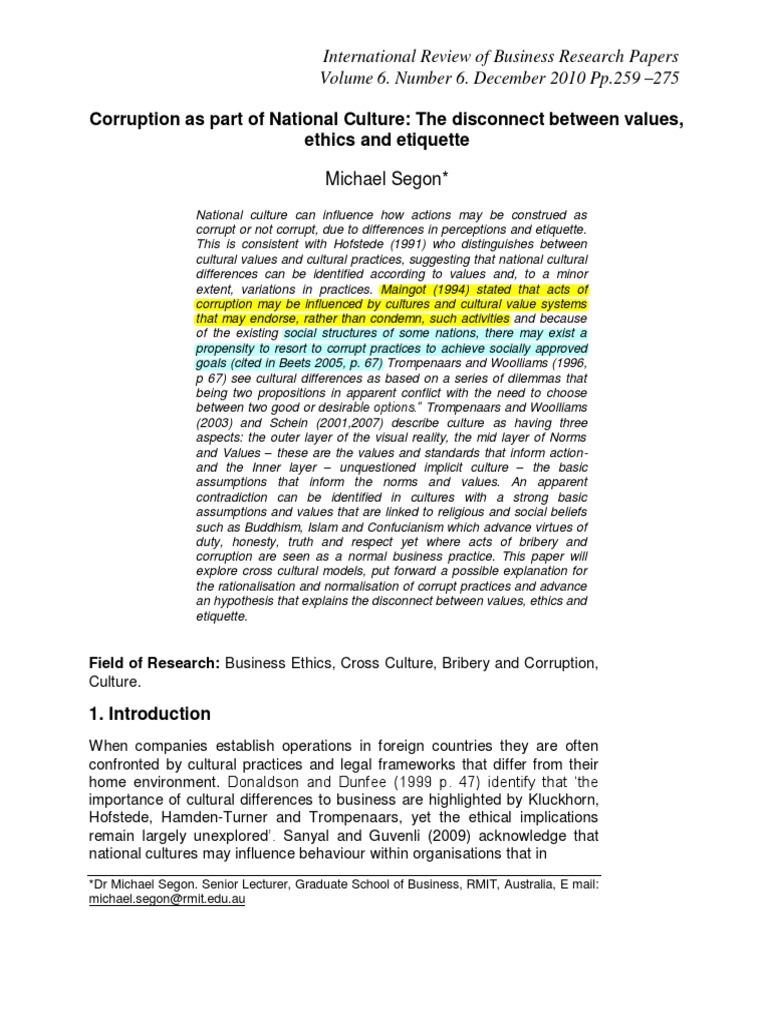 Culture's Impact on Corruption Perception | PDF | Value (Ethics ...