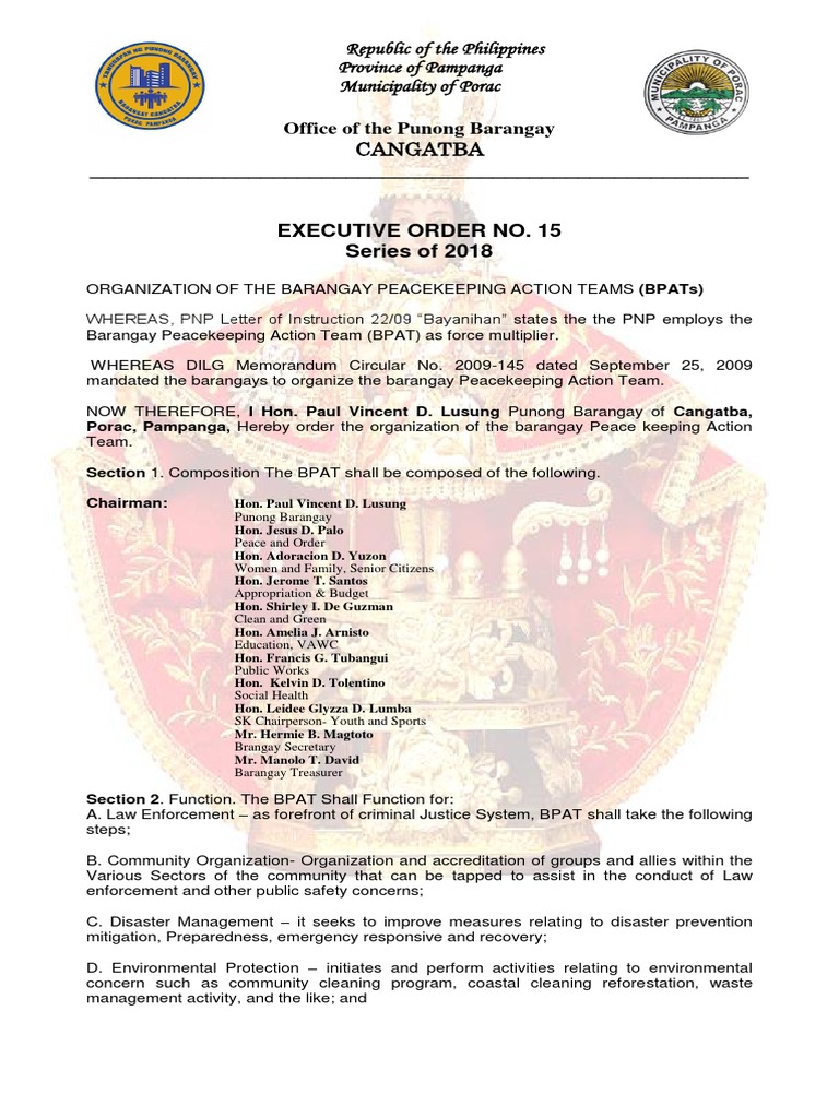 Organizing the Barangay Peacekeeping Action Teams: Executive Order ...