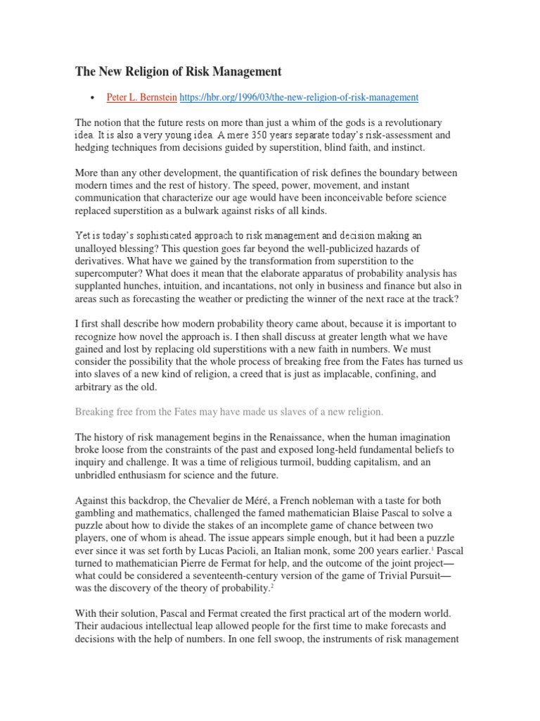 The New Religion of Risk Management: Peter L. Bernstein | PDF ...