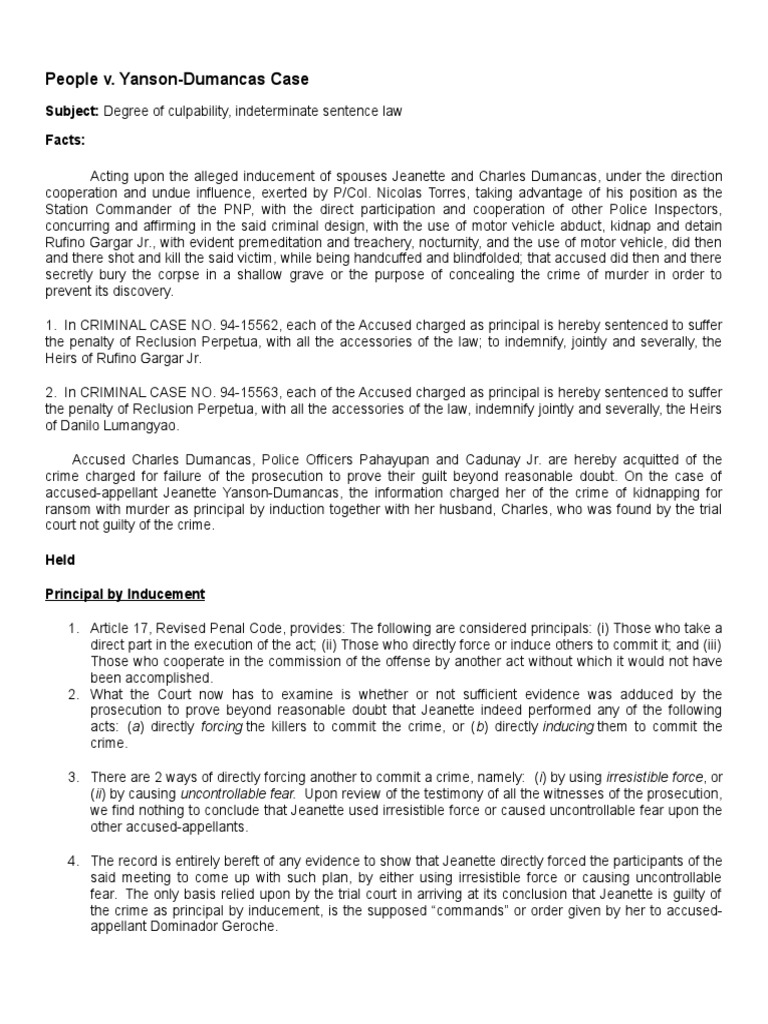 People v. Yanson-Dumancas Case: Subject: Degree of Culpability ...