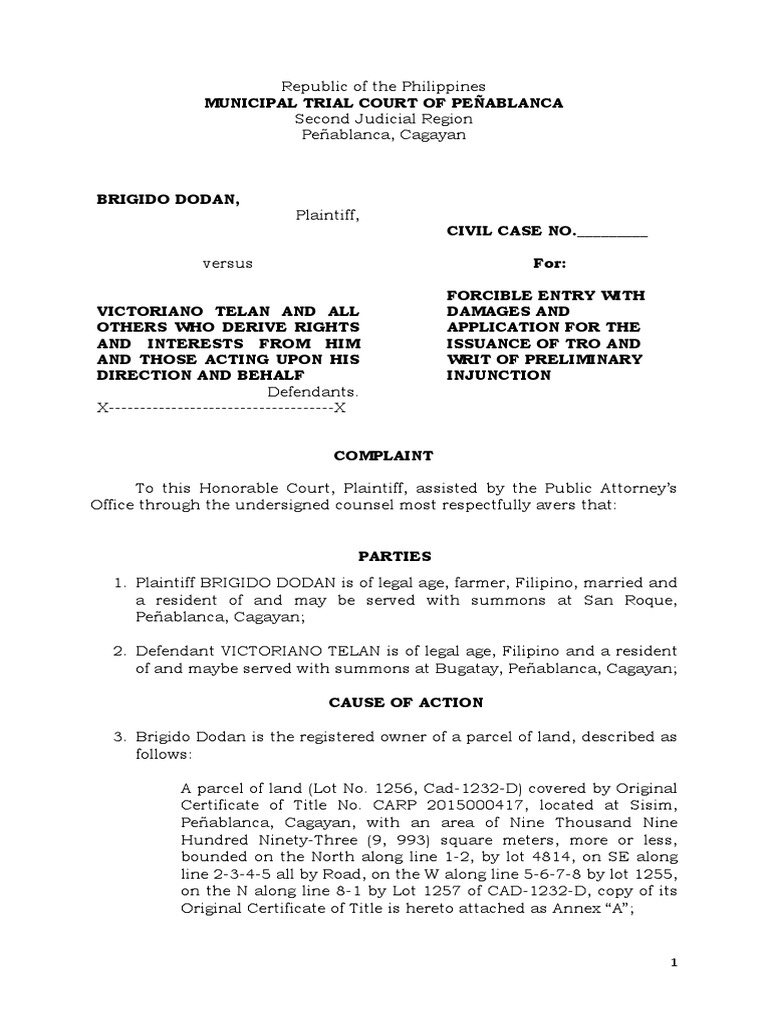Complaint-Forcible Entry Brigido Dodan v. Telan | PDF | Lawsuit | Damages
