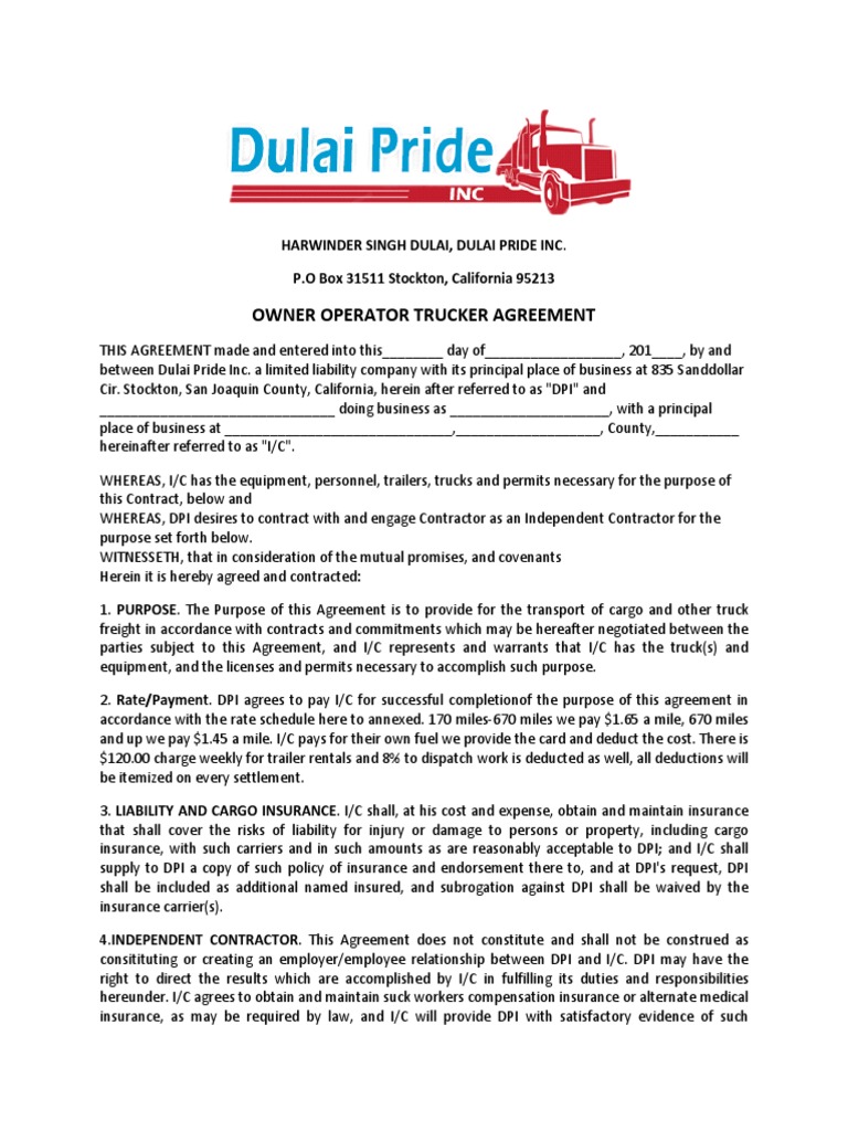 Owner Operator Contract | PDF | Liability Insurance | Indemnity