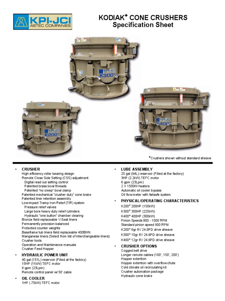 Kodiak Cone Crushers Specification Sheet: - Crusher - Lube Assembly | PDF | Regulatory ...