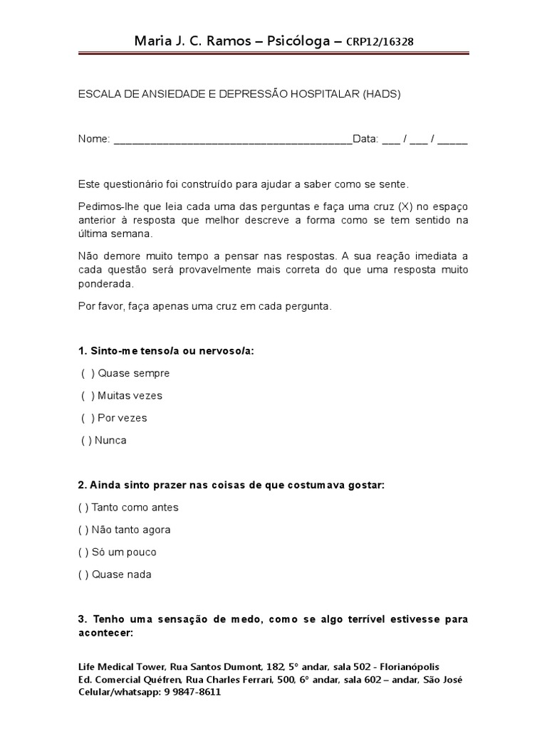 Escala Hospitalar para Depressão e Ansiedade (HADS) | Download grátis ...