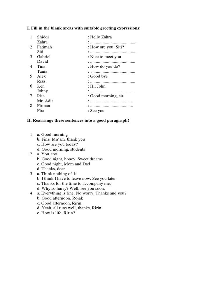 I. Fill in The Blank Areas With Suitable Greeting Expressions! | PDF