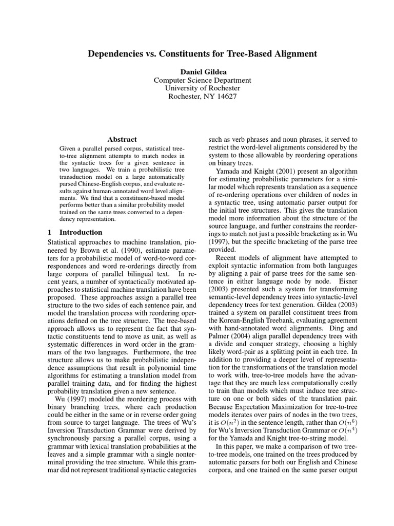 Dependencies vs. Constituents For Tree-Based Alignment: Daniel Gildea ...