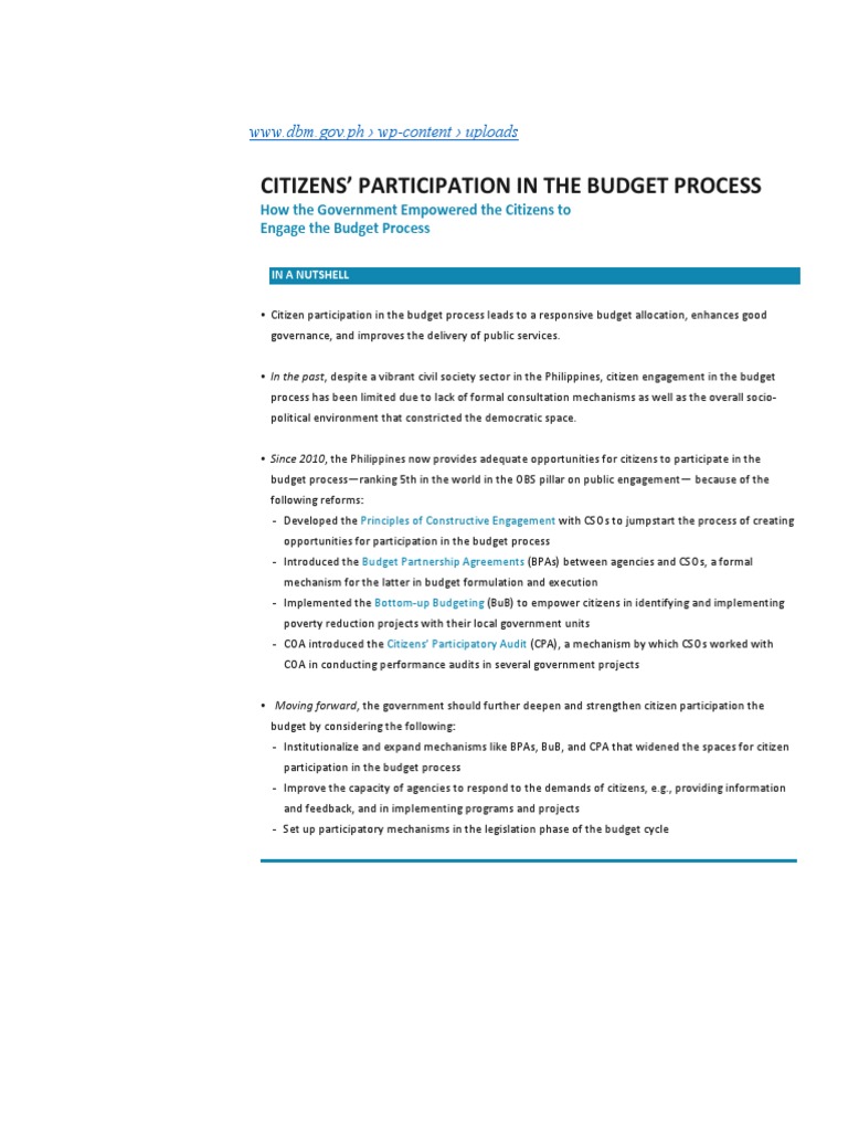 Citizens' Participation in The Budget Process: WWW - Dbm.gov - PH Wp ...