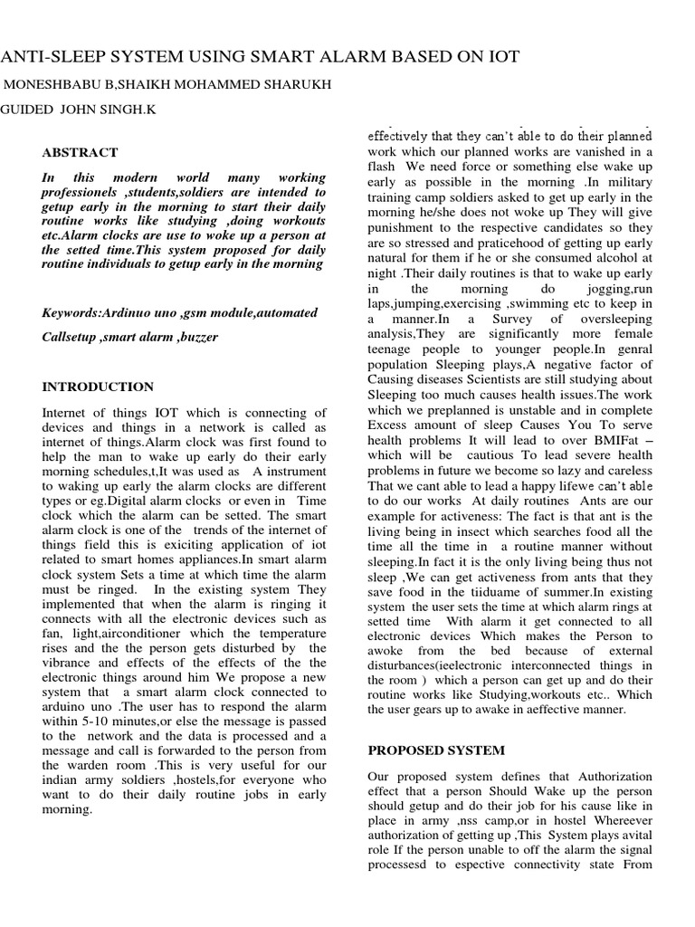 Anti-Sleep System Using Smart Alarm Based On Iot: Guided By:-Prof. Dr ...