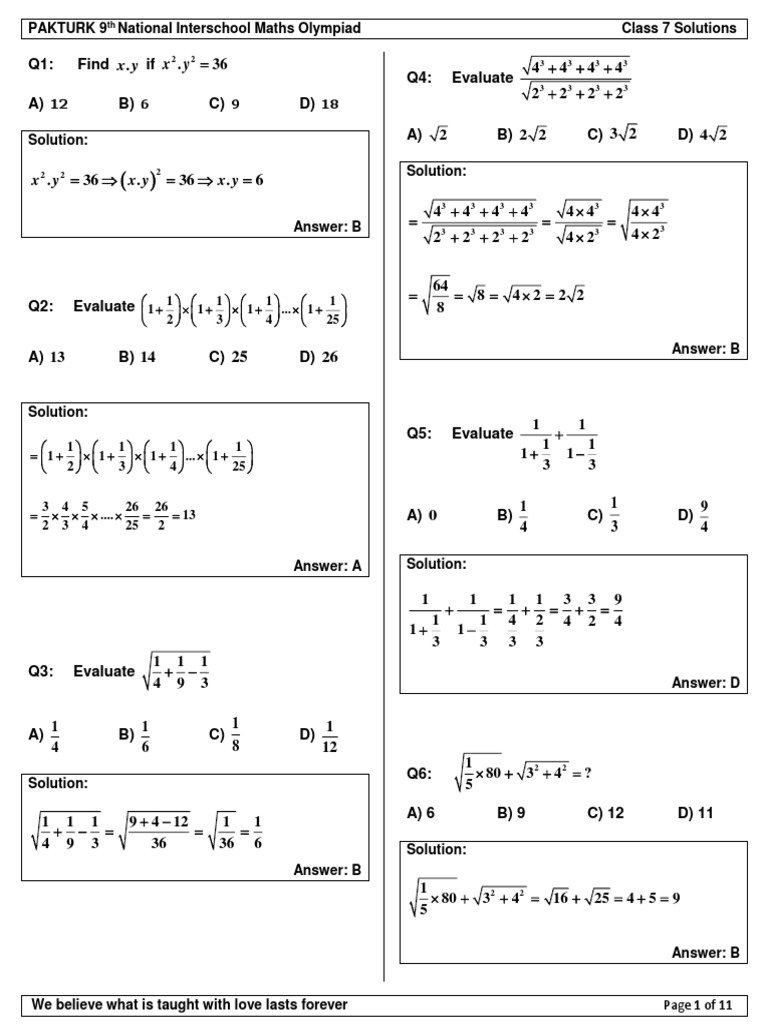 9th National ISMO Class 7 Question Paper With Solutions | PDF | Area ...