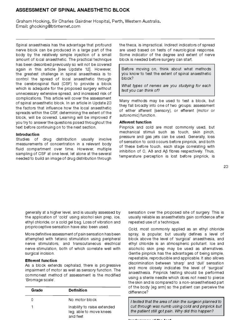 Assessment of Spinal Anaesthetic Block: References | PDF | Anesthesia ...