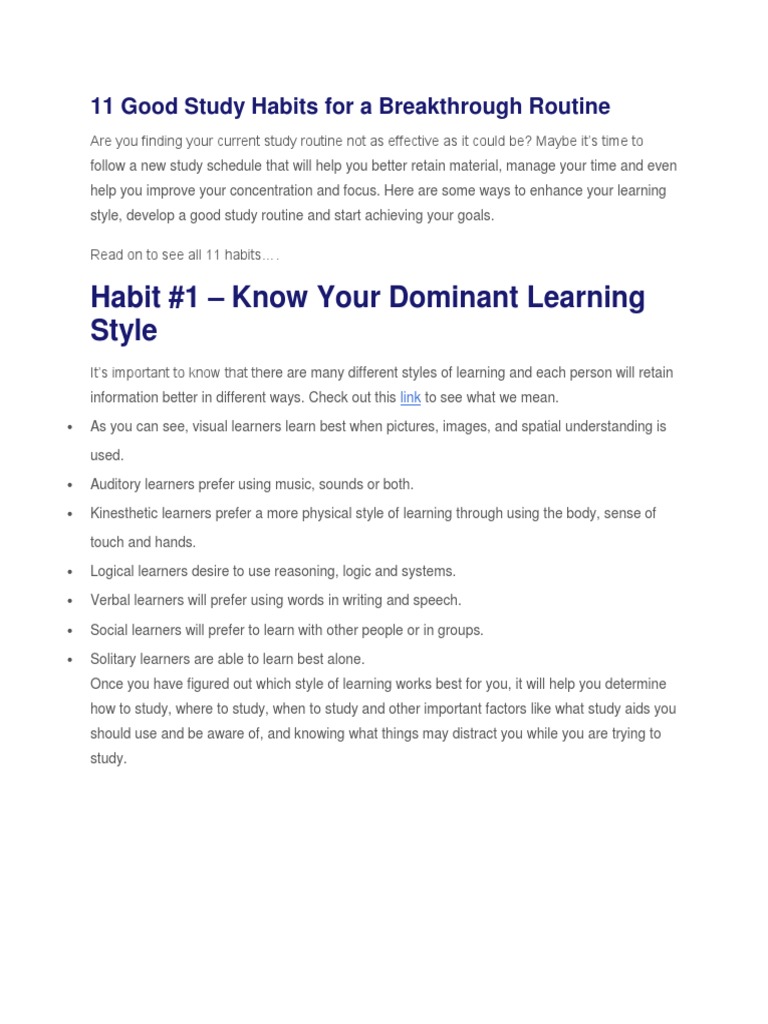 Study Habits for Effective Learning | PDF | Goal | Neuropsychological ...