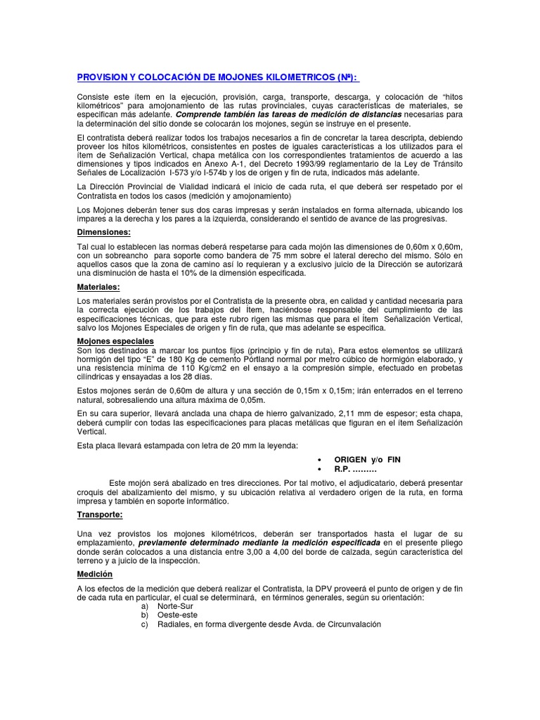 Provision y Colocacion de Mojones Kilometricos PDF | PDF | Hormigón ...