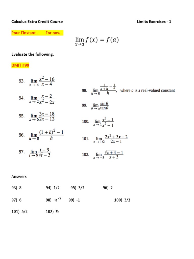 Calculus - Basic Limits Exercises | PDF