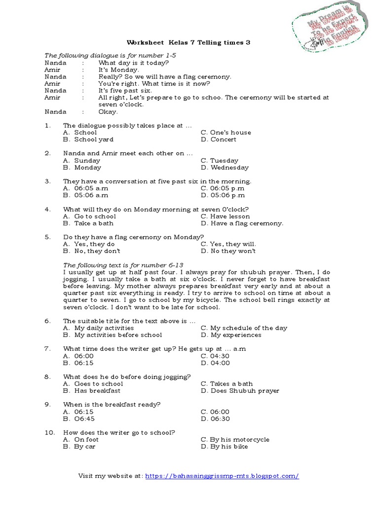 Worksheet Kelas 7 Telling Times 3 | PDF | Language Arts & Discipline