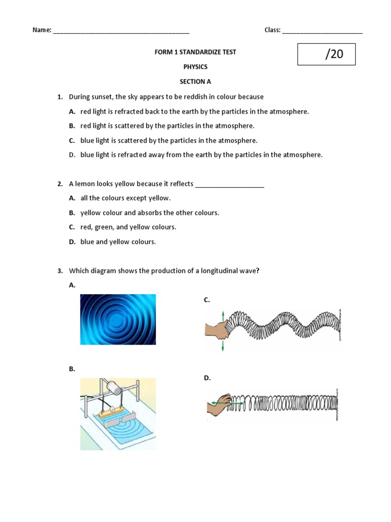Physics Test Questions and Answers | PDF | Light | Waves