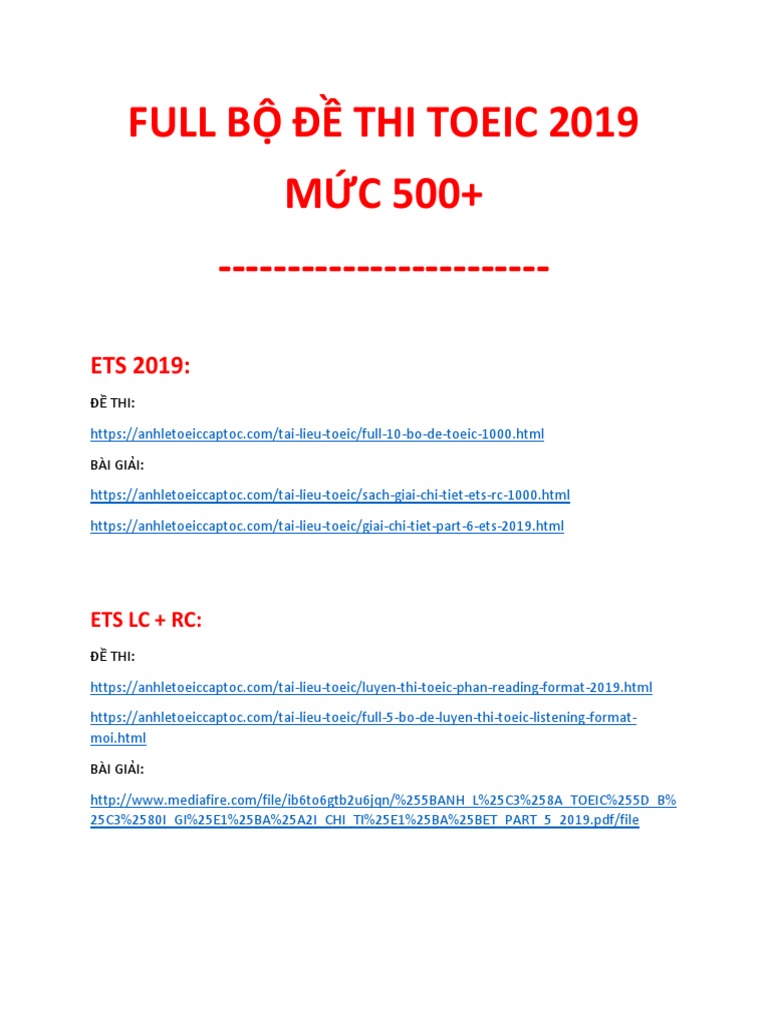 FULL BỘ ĐỀ THI TOEIC 2019 PDF | PDF