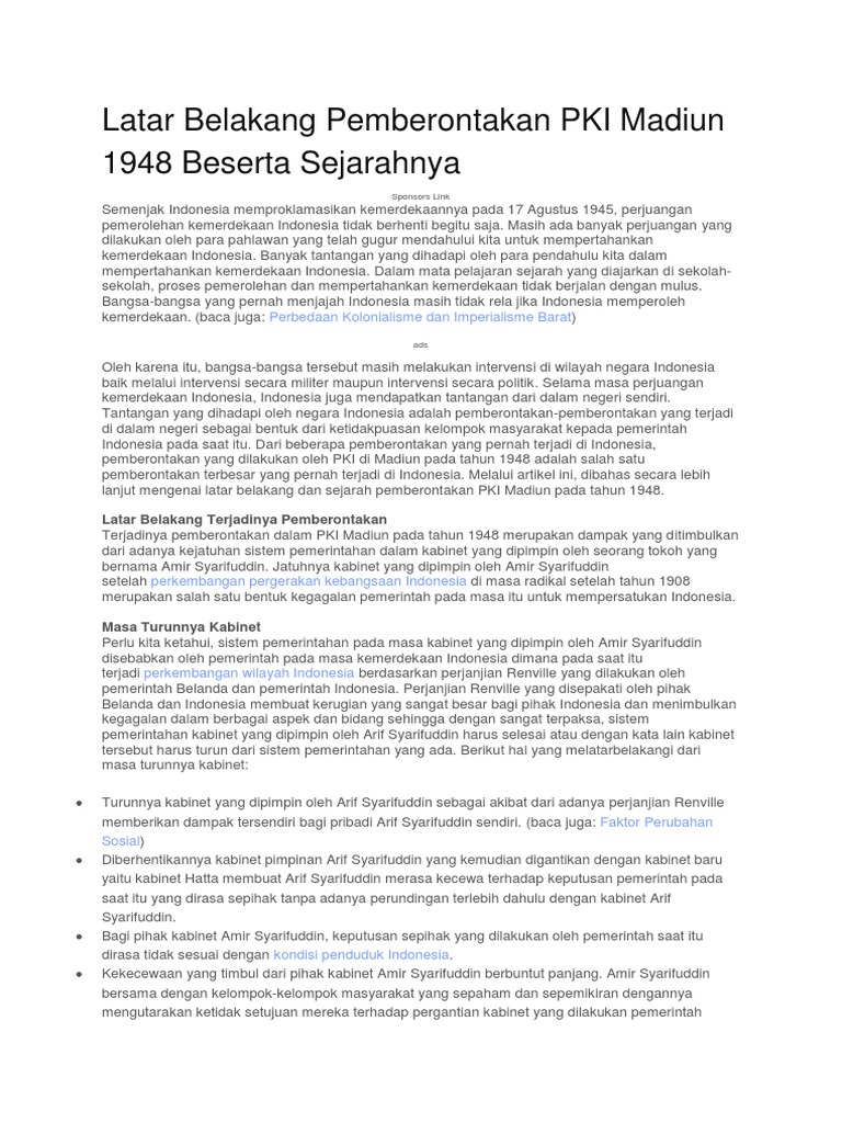 Latar Belakang Pemberontakan PKI Madiun 1948 Beserta Sejarahnya | PDF