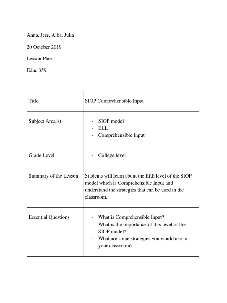 Siop Lesson Plan | PDF | Lesson Plan | Worksheet