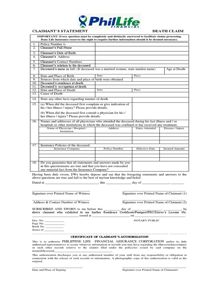 Phillife - Claimant Statement Form - Death Claim | PDF | Insurance | Death