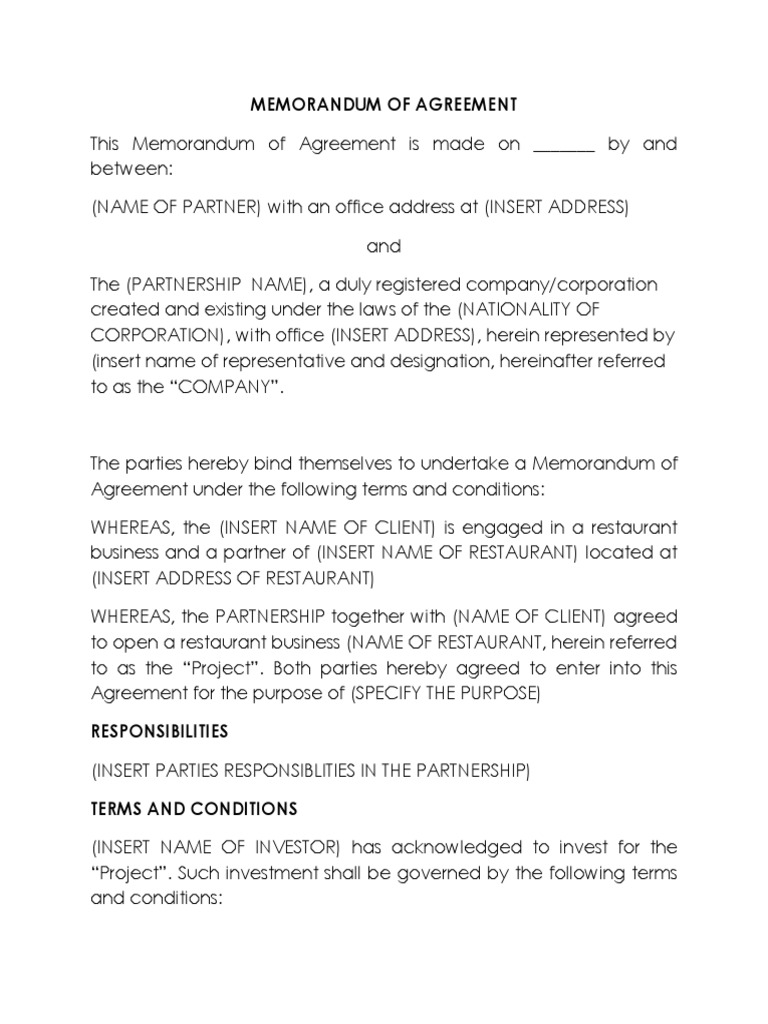 Memorandum Of Agreement Template