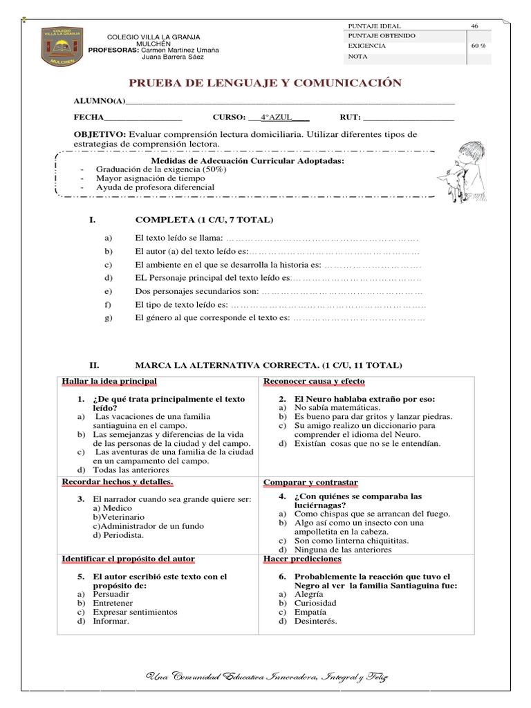 Prueba de comprensión: "Mi amigo el negro" | PDF