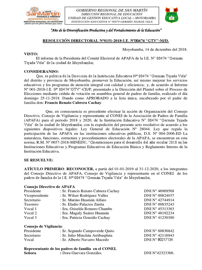 Resolución APAFA 2019-2020 | PDF | Formas de gobierno | Gobierno