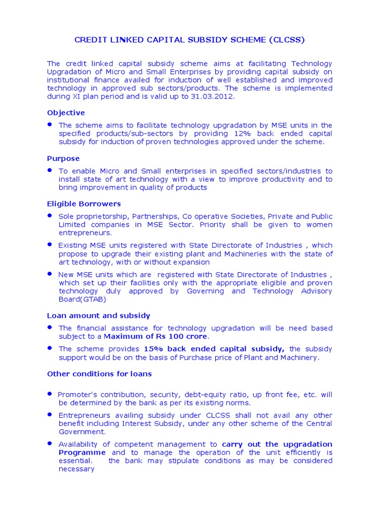 Credit Linked Capital Subsidy Scheme (CLCSS) : Objective | PDF