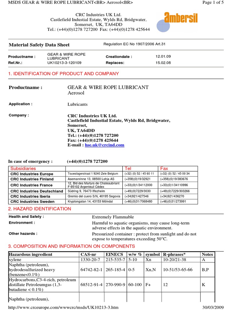 Material Safety Data Sheet: Gear & Wire Rope Lubricant Aerosol | PDF ...