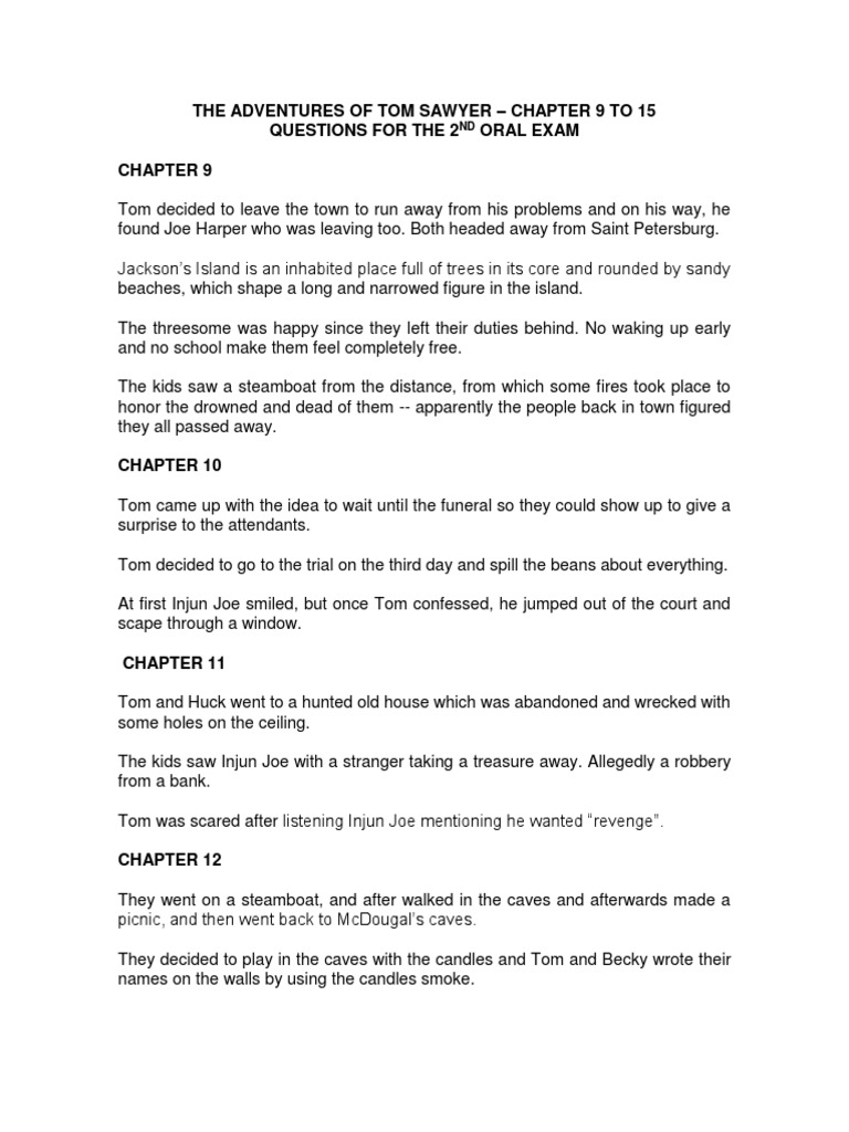 The Adventures of Tom Sawyer - Chapter 9 To 15 Questions For The 2 Oral ...