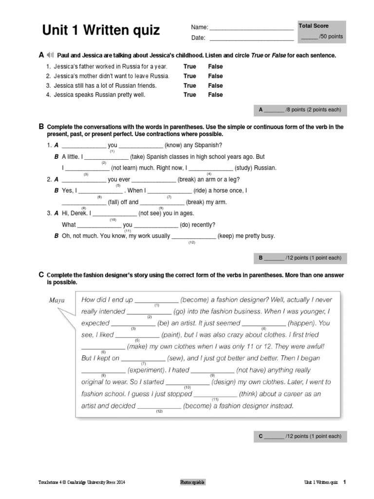 Unit 1 Quizz - Touchstone 4 | PDF | Morphology | Language Mechanics