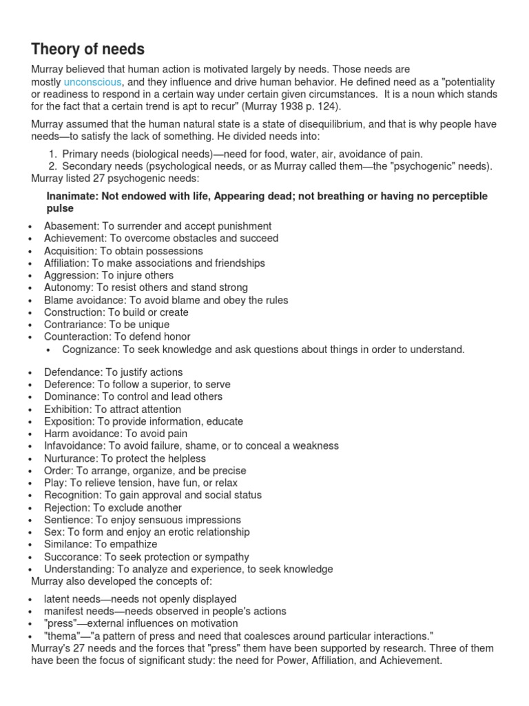Murray's theory of human needs | PDF | Social Psychology | Metaphysics
