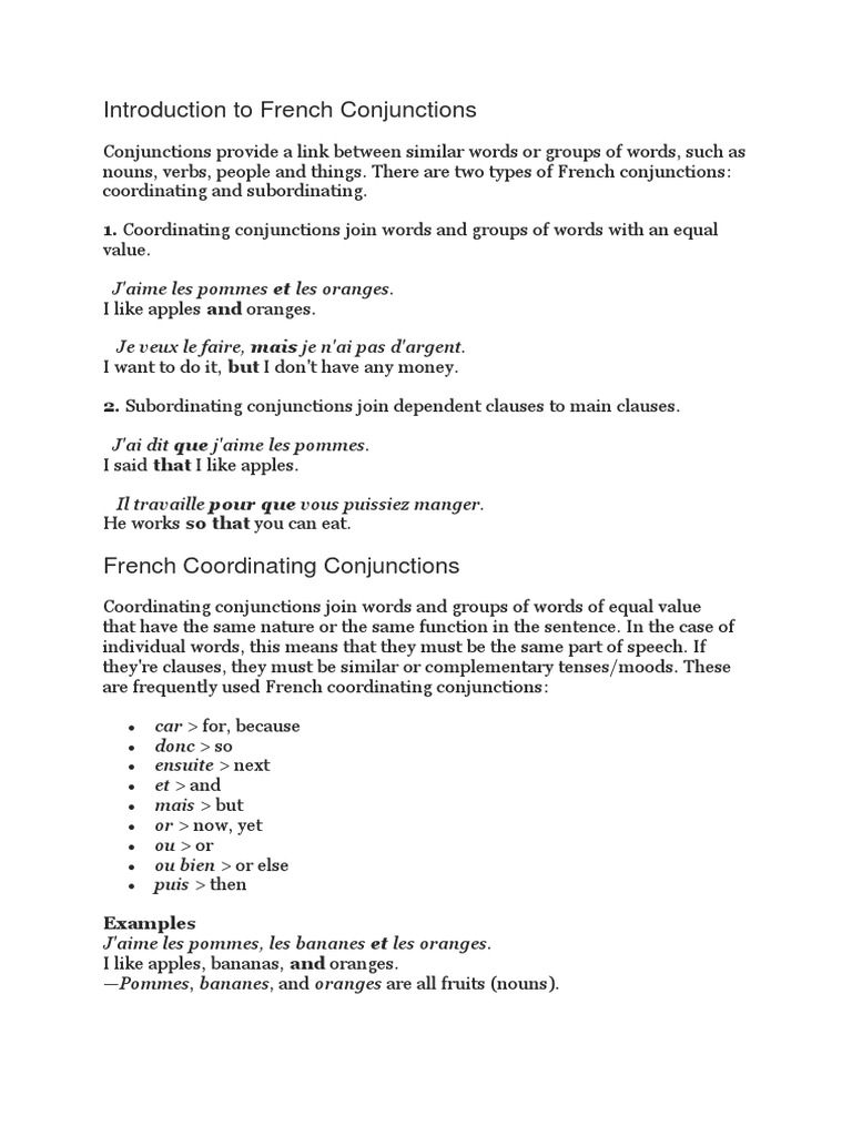 Introduction To French Conjunctions: 1. Coordinating Conjunctions Join ...