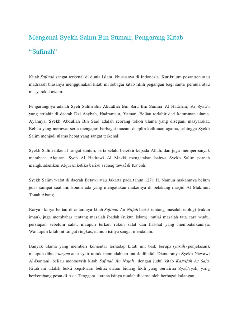 Mengenal Syekh Salim Bin Sumair, Pengarang Kitab Safinah | PDF