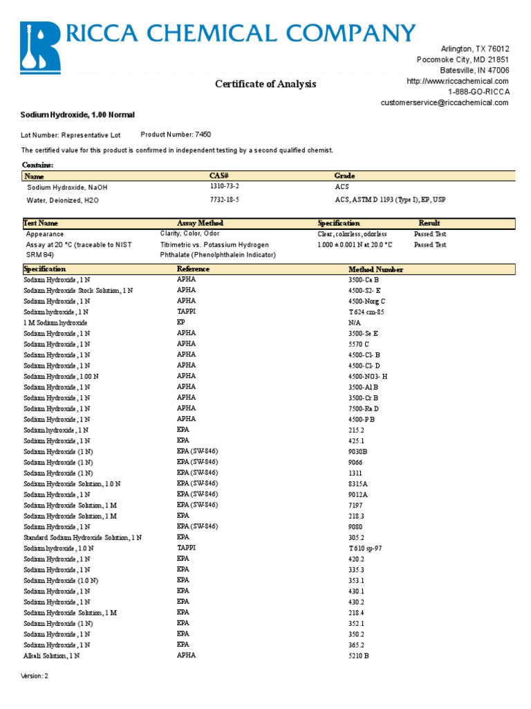 Certificate of Analysis: Sodium Hydroxide, 1.00 Normal | PDF ...