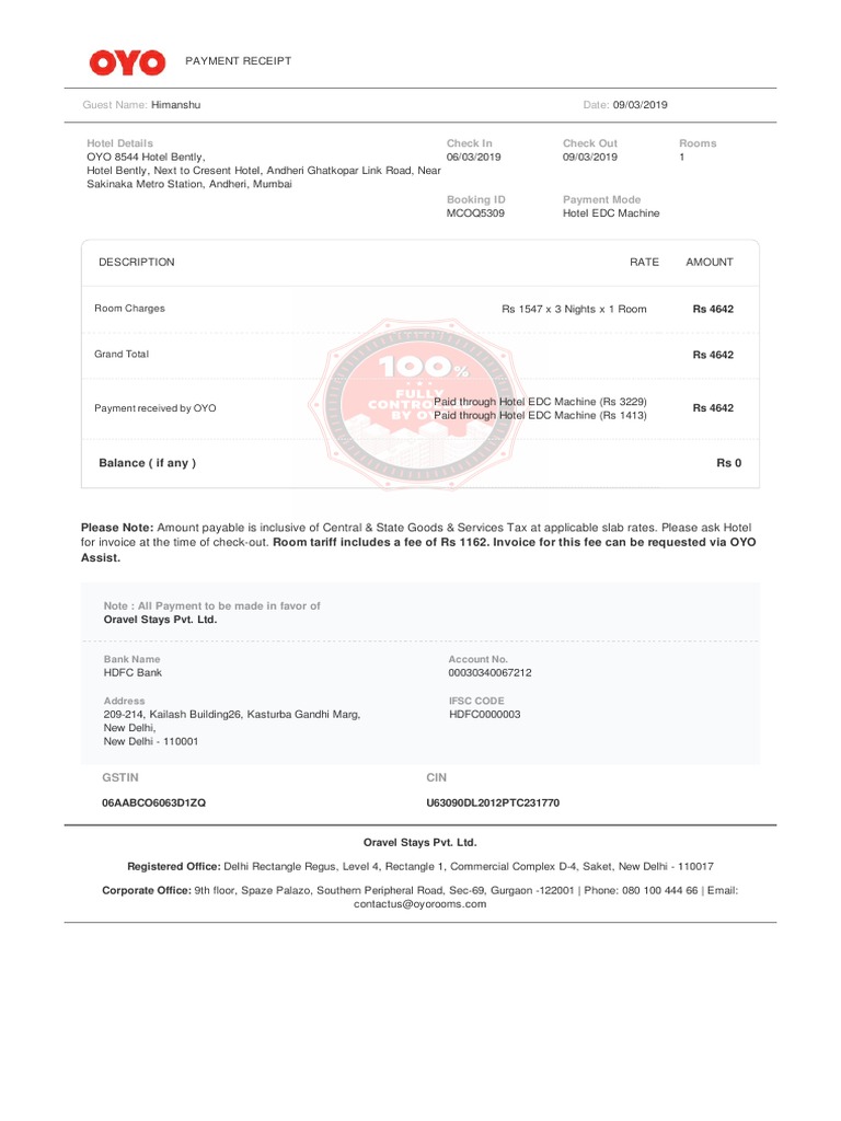 Hotel Payment Receipt | PDF | Receipt | Taxes