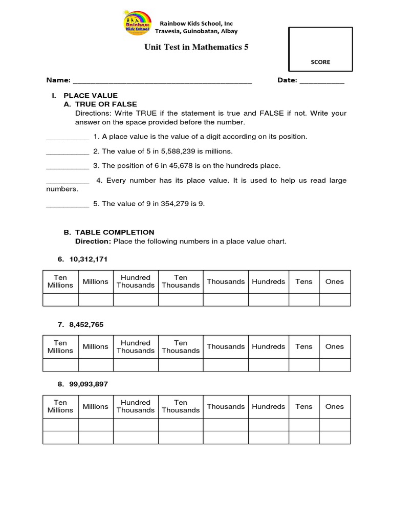Unit Test in Mathematics 5: I. Place Value A. True or False | Download ...