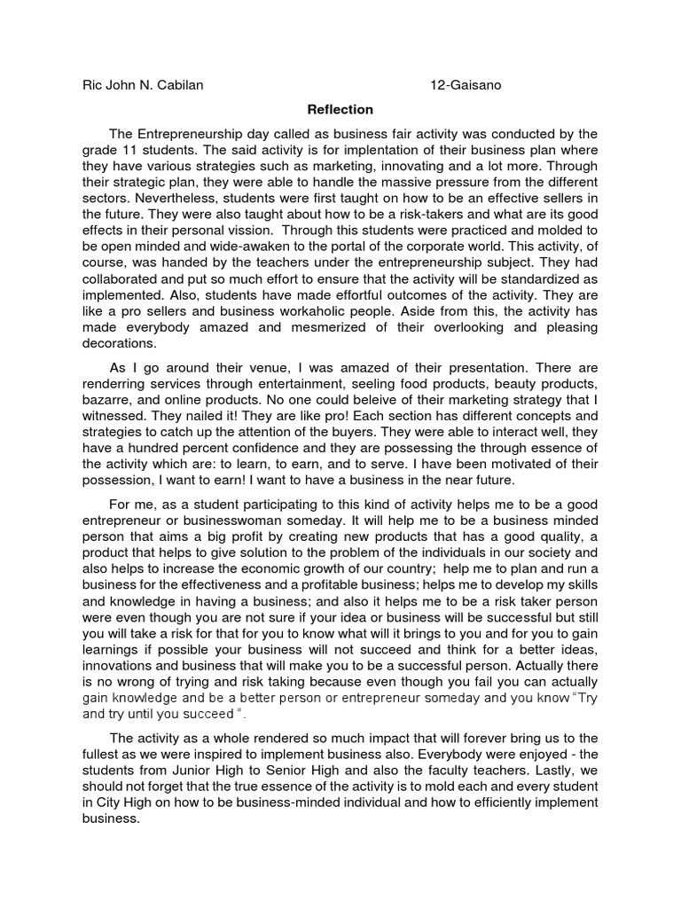 Reflection in Business Finance. | Entrepreneurship | Learning