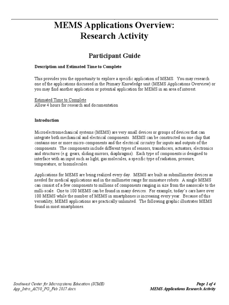 MEMS Applications Overview: Research Activity: Participant Guide | PDF | Microelectromechanical ...