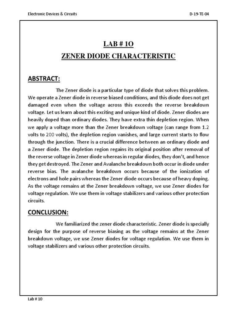 Lab # 1O Zener Diode Characteristic: Electronic Devices & Circuits D-19 ...