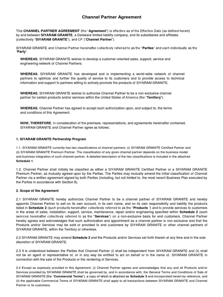 Channel Partner Agreement: Schedule 1 | PDF | Partnership | Indemnity