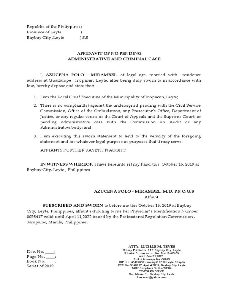 Sworn Statement-Affidavit No Pending Admin Case or Criminal Case ...