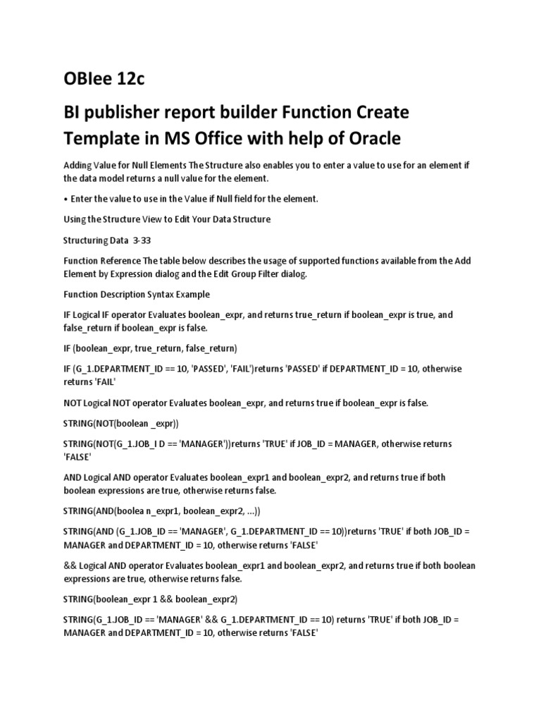 Obiee 12C Bi Publisher Report Builder Function Create Template in Ms Office With Help of Oracle ...
