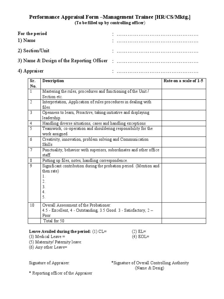 Performance Appraisal Form - Management Trainee (HR/CS/MKTG.) | PDF ...